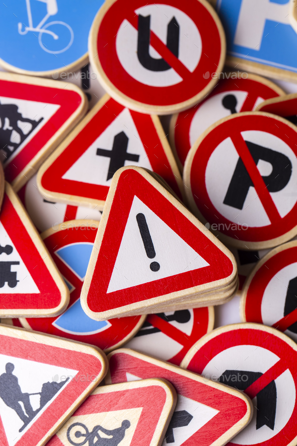 Different colored traffic signs on the white background Stock Photo by ...