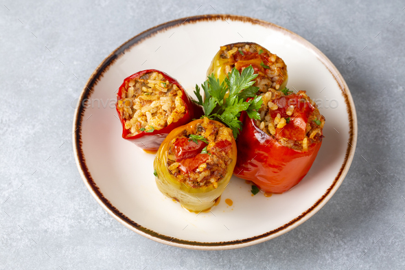 Traditional Turkish foods; Stuffed pepper (etli biber dolmasi) Stock ...
