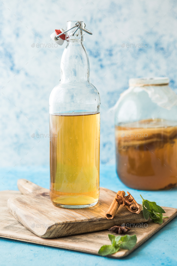 Raw fermented homemade alcoholic or non alcogolic kombucha. Ice tea ...