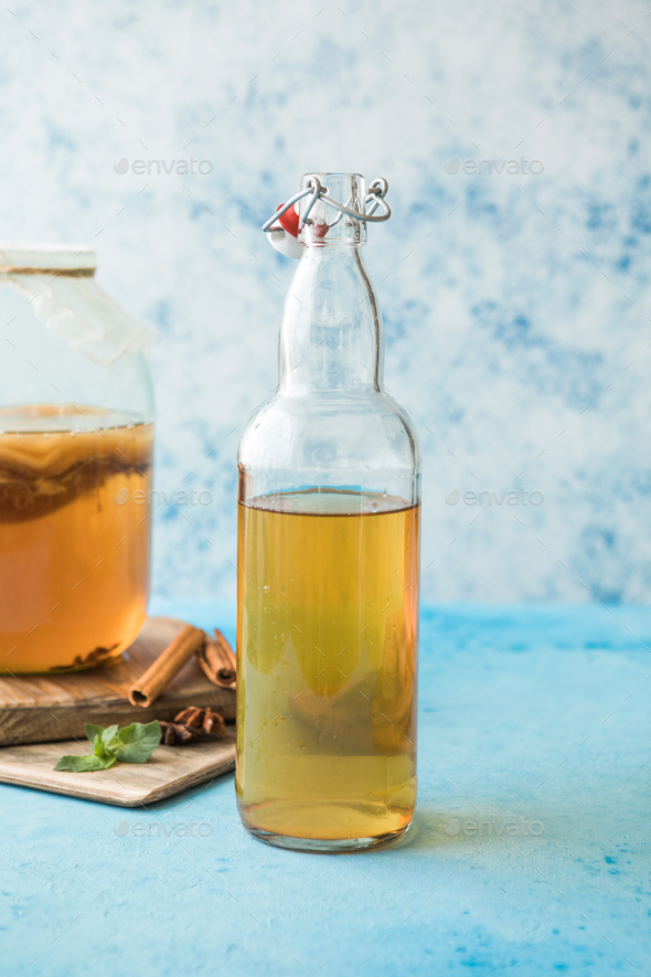 Raw fermented homemade alcoholic or non alcogolic kombucha. Ice tea ...