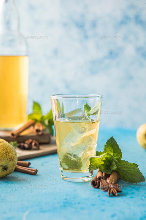Raw fermented homemade alcoholic or non alcogolic kombucha. Ice tea ...