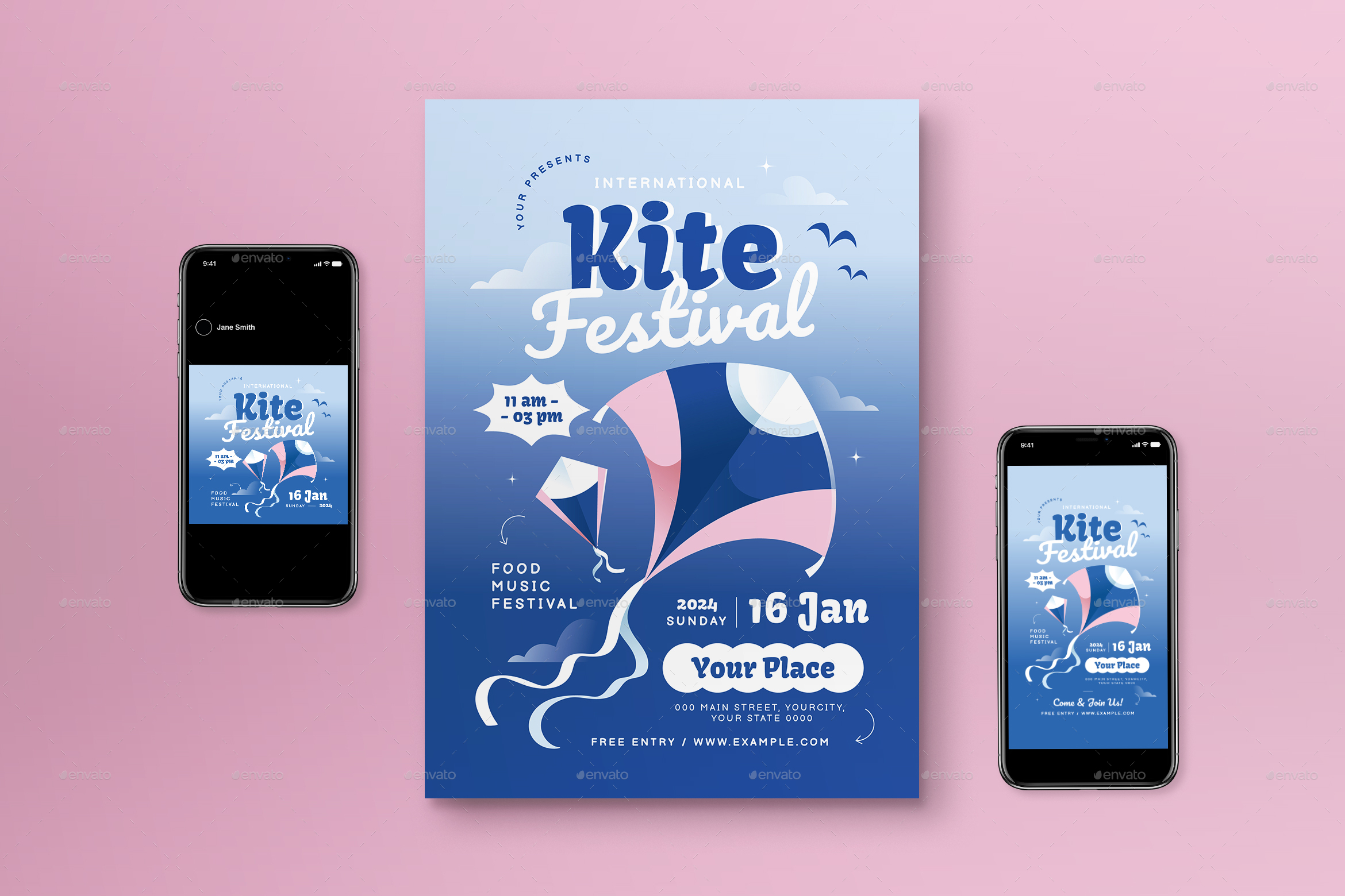 Blue Flat Design International Kite Festival Flyer Set, Print Templates