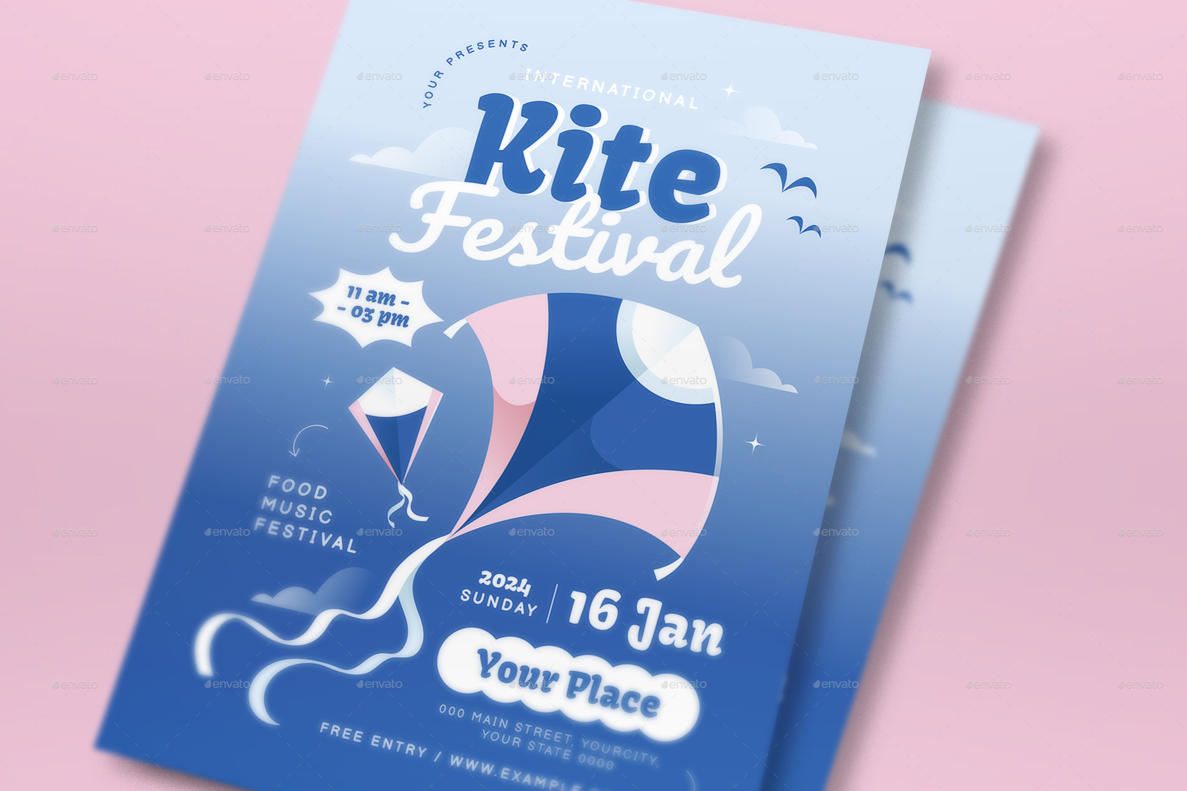Blue Flat Design International Kite Festival Flyer Set, Print Templates
