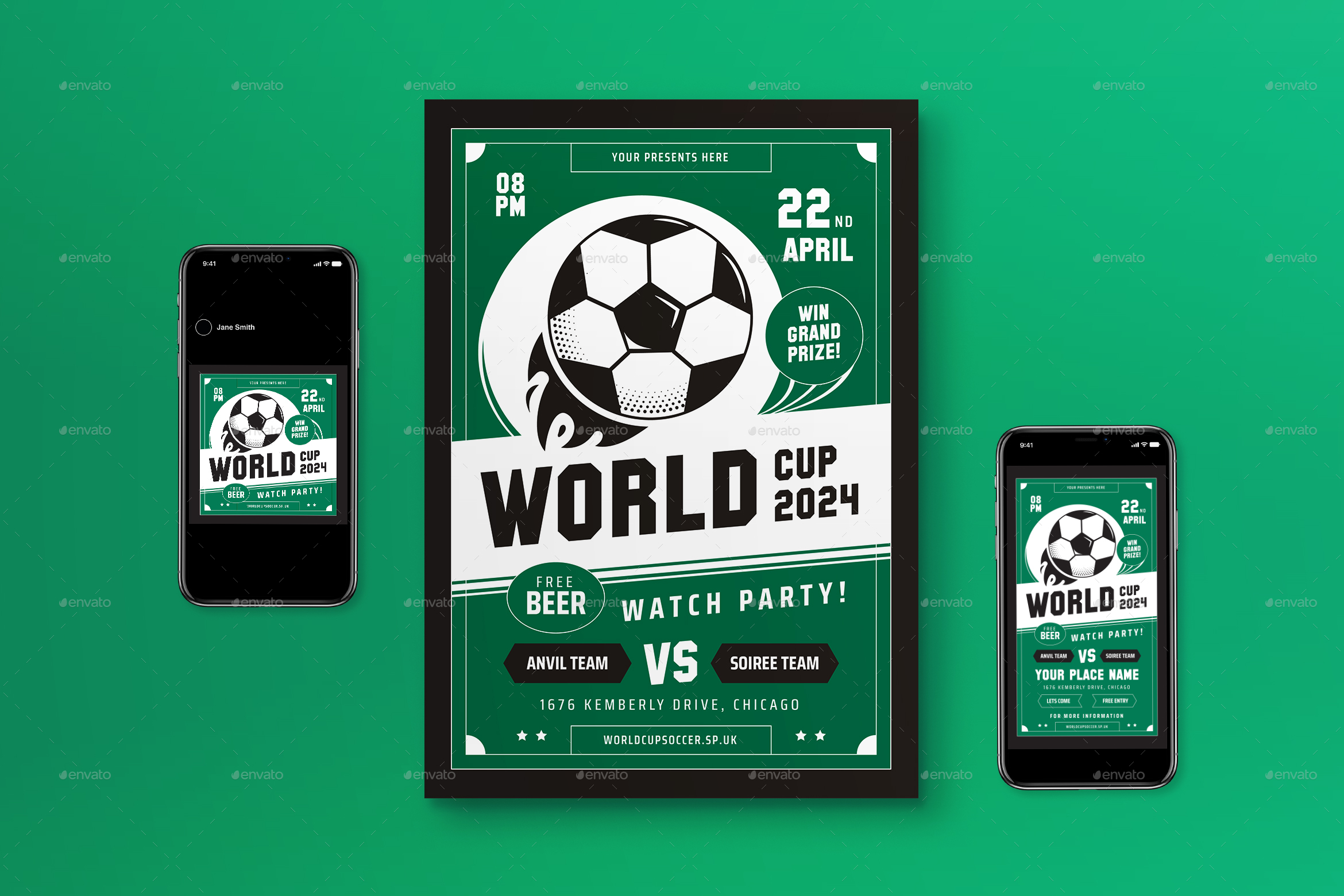 Green Flat Design World Cup Watch Party Flyer Set, Print Templates