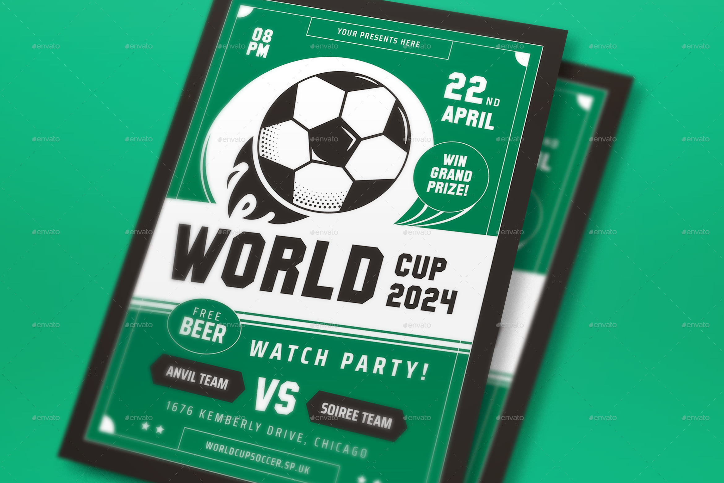 Green Flat Design World Cup Watch Party Flyer Set, Print Templates