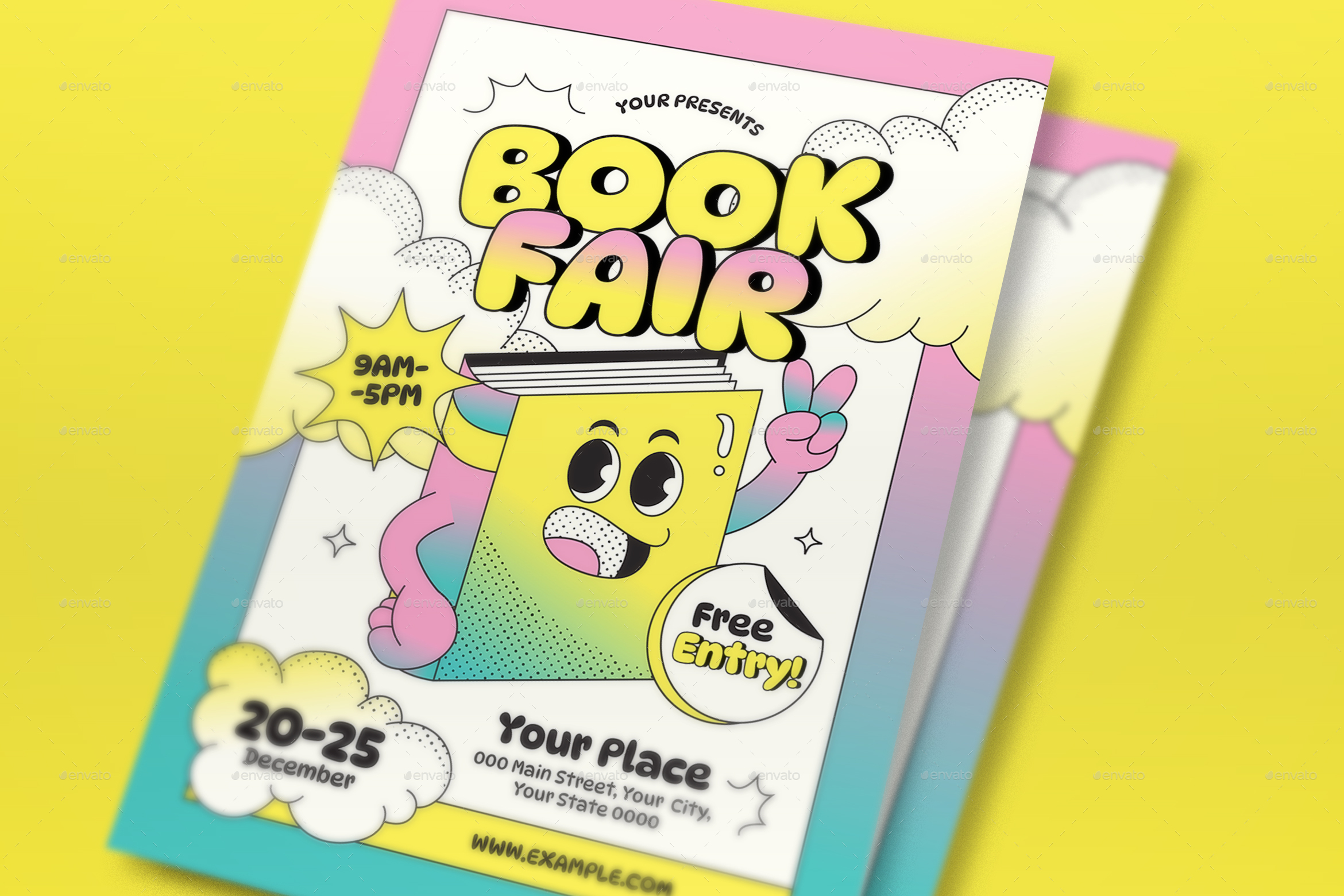 Colorful Pop Art Cartoon Gradient Book Fair Flyer Set, Print Templates