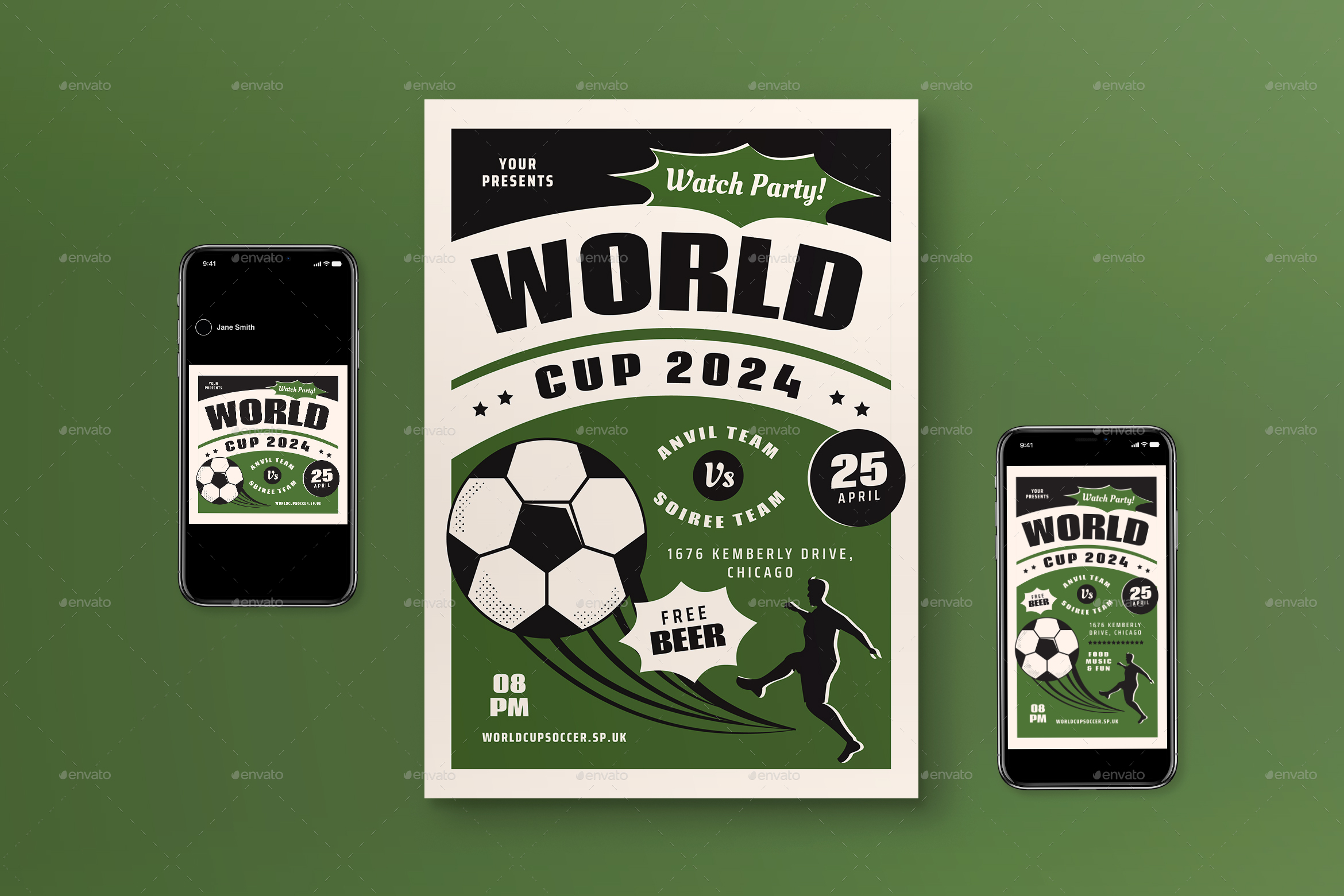 Green Retro Modern World Cup Watch Party Flyer Set, Print Templates