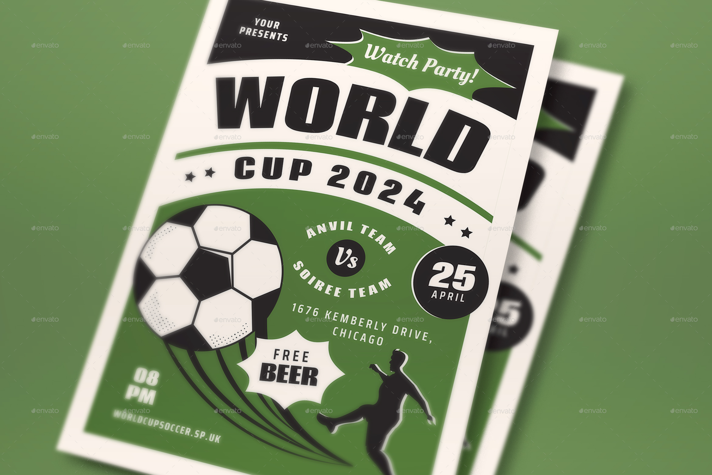 Green Retro Modern World Cup Watch Party Flyer Set, Print Templates