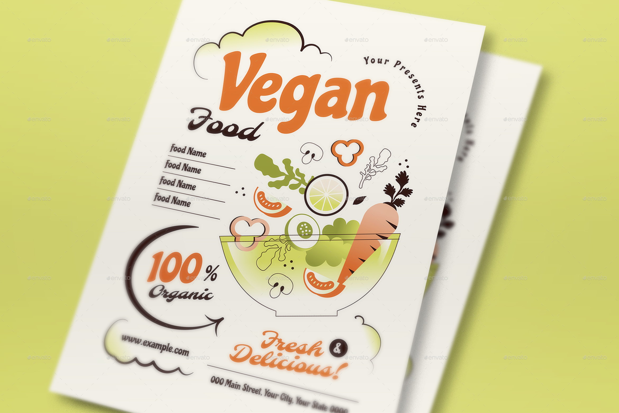 White Orange Hand Drawn Flat Design Vegan Food Flyer Set, Print Templates