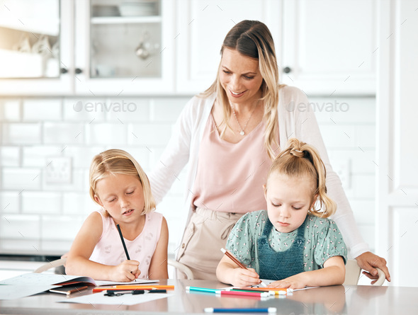 Education, learning and homework with a girl, her sister and their mom ...