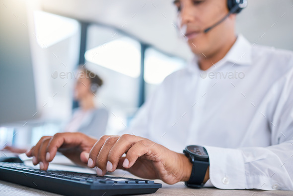 Call center agent hands or CRM consultant typing client information on ...