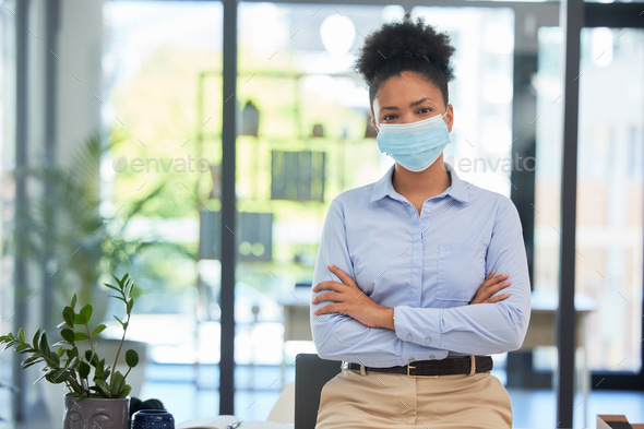 Covid mask policy and safety in the office workplace with businesswoman ...