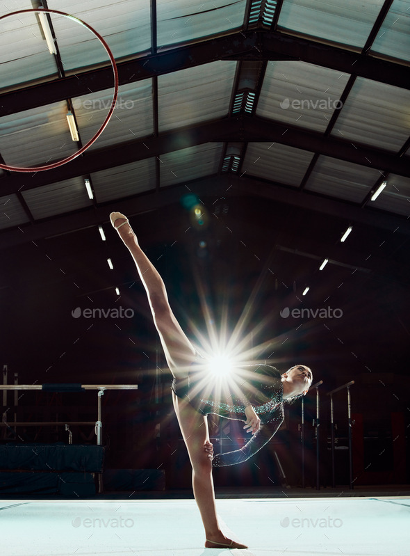 Performance, woman and balance body for competition practice for ...