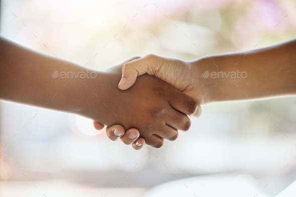 Handshake, partnership and hands with support or welcome, trust and ...