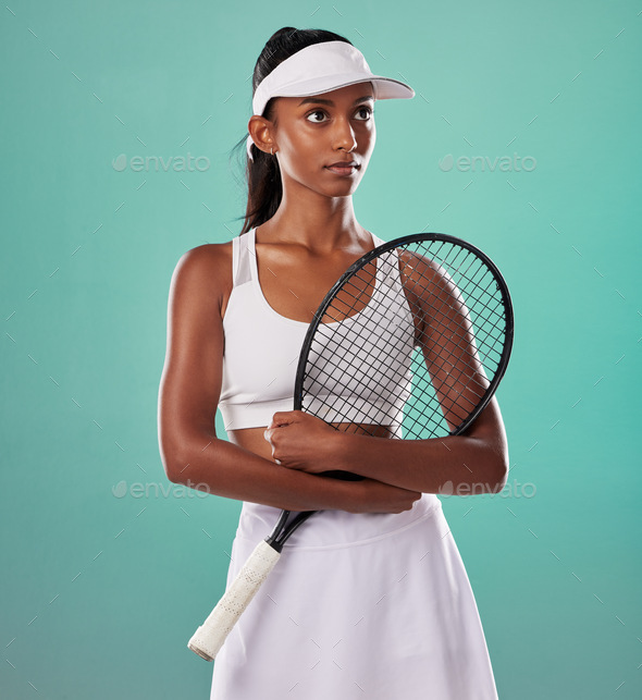 Thinking tennis player, fitness athlete and active woman ready for ...