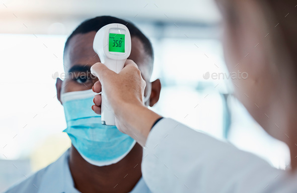 Temperature, thermometer and covid routine before entering office ...