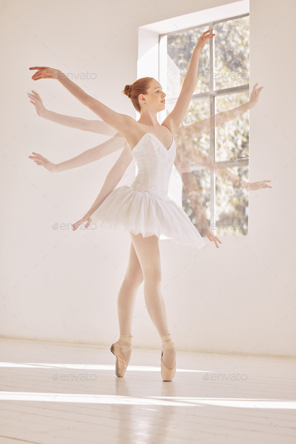 Ballet, arms and creative ballerina doing a flying spin technique in ...