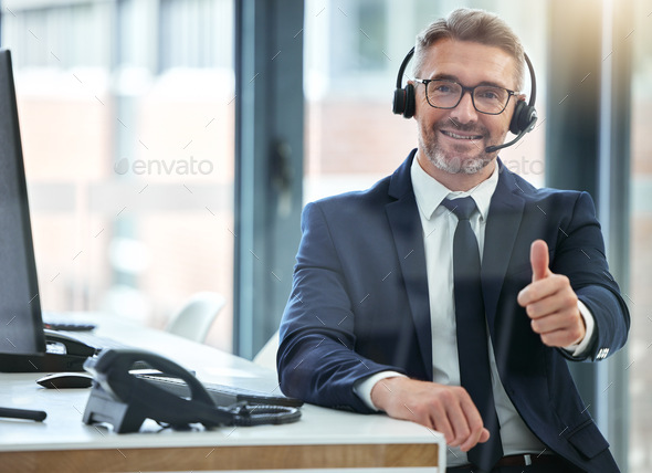 Call center, thumbs up and success deal with contact us, digital ...