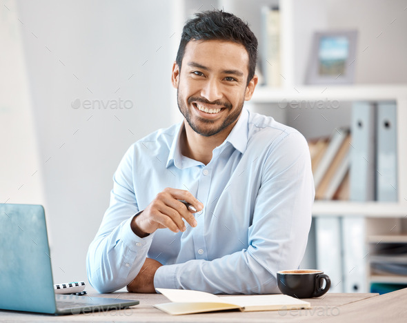 Happy, smile and accountant man on laptop in business success, job and ...