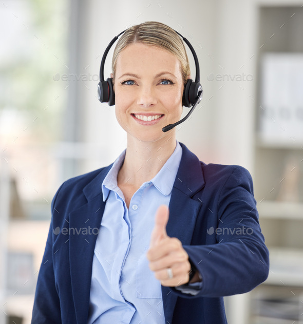 Call agent, woman and thumbs up for success hand gesture from helpdesk ...