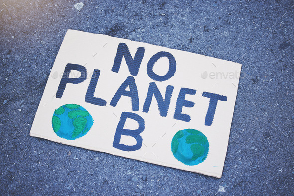 Cardboard poster, billboard or climate change sign on city street for ...