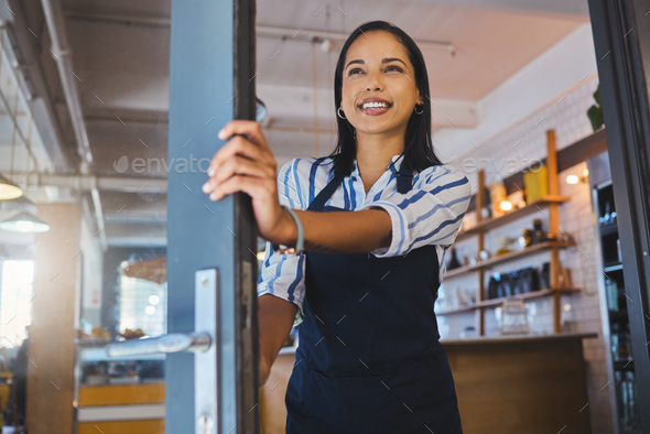 Welcome to opening cafe, entrance door and store of coffee shop ...