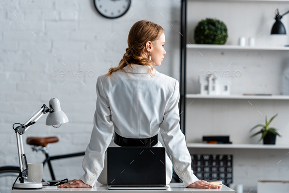 back view of businesswoman in formal wear sitting on computer desk at ...