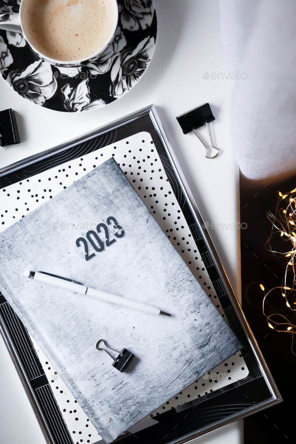 Calendar flat lay.Planning for 2023. New year. Stock Photo by NatalieZera