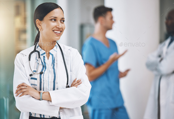 Healthcare, innovation and proud doctor smile and excited about medical ...