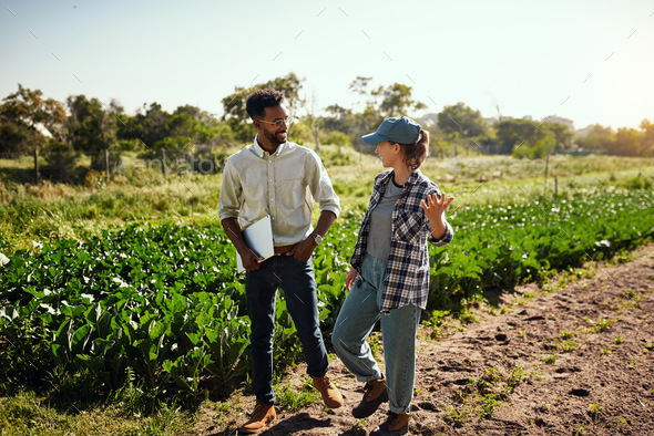 Full length shot of two young farmers walking around and inspecting ...