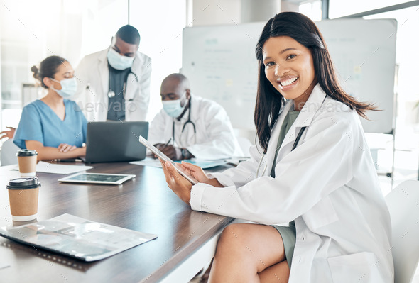 Healthcare, diversity and black woman doctor with tablet at meeting ...