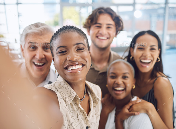 Diversity work selfie with happy team in a office ready for teamwork ...