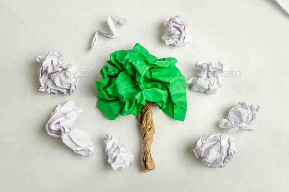 Top view of green crumpled paper in shape of tree. Stock Photo by ...