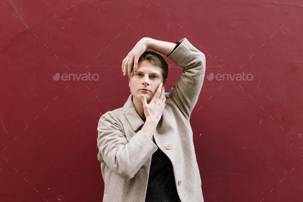 fashion generation z gender fluid female face portrait on red ...