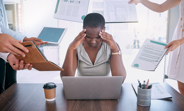 Burnout, stress and headache with business woman and work overload, too ...