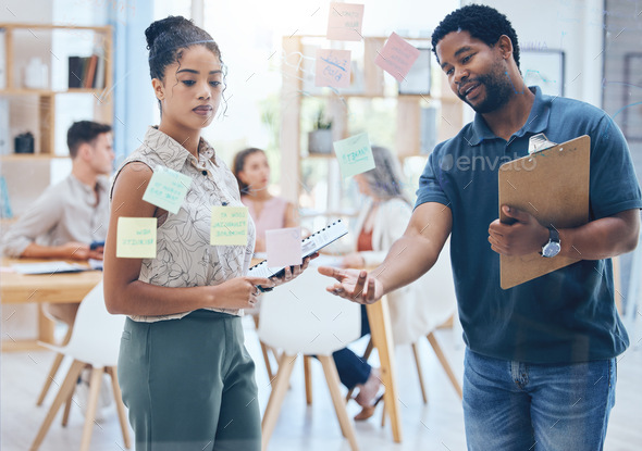 Post it, marketing schedule and teamwork collaboration in creative ...