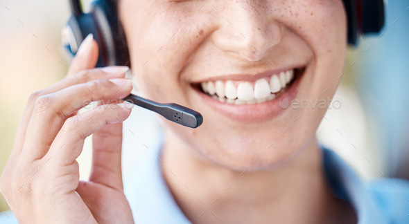 Call center face, woman headset for communication and discussion with ...
