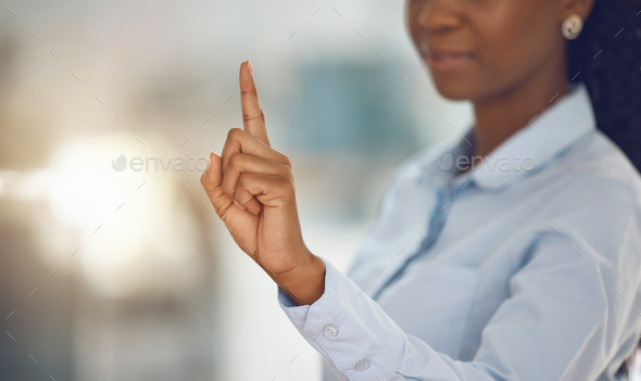 Business woman with her index finger, stop and wait gesture. Black ...
