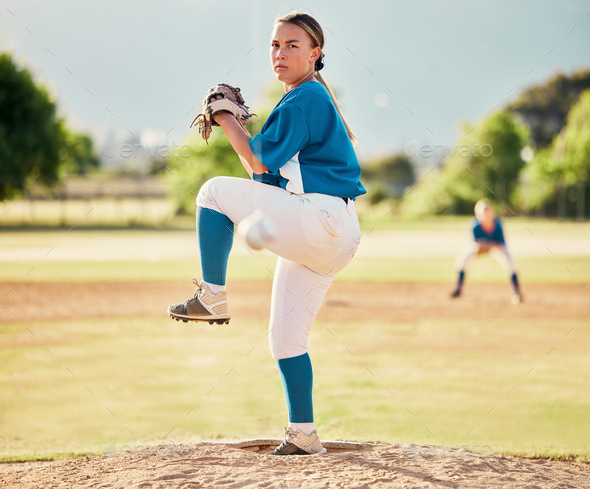 Baseball pitcher, ball sports and a athlete woman ready to throw and ...