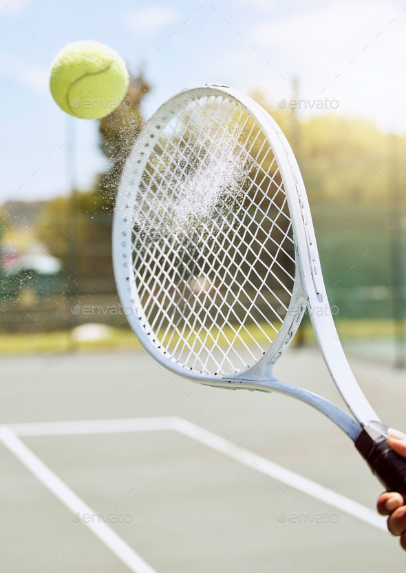 Hand, tennis court and ball game dust action with racket in tournament ...