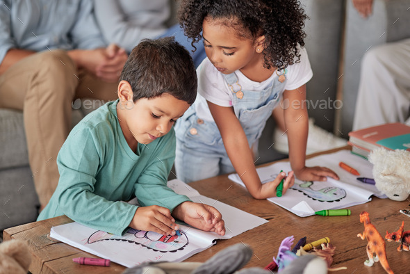 Creative, family and children drawing learning creativity from an ...