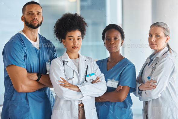 Diversity, teamwork and portrait of medical doctors standing in the ...