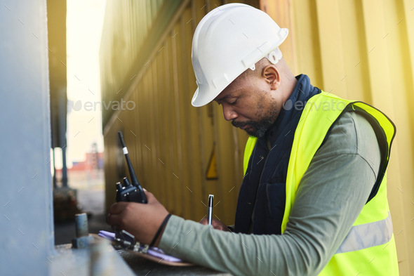 Logistics, supply chain and documents with a man shipping worker on a ...