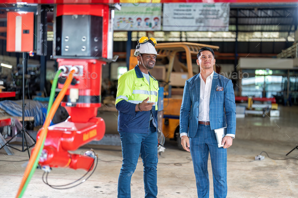 Engineer customer service explain introduction of new design robotic ...