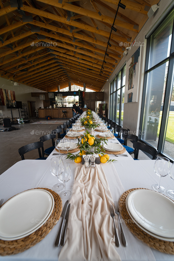 Decorated wedding banquet hall in classic style. Stock Photo by simbiothy