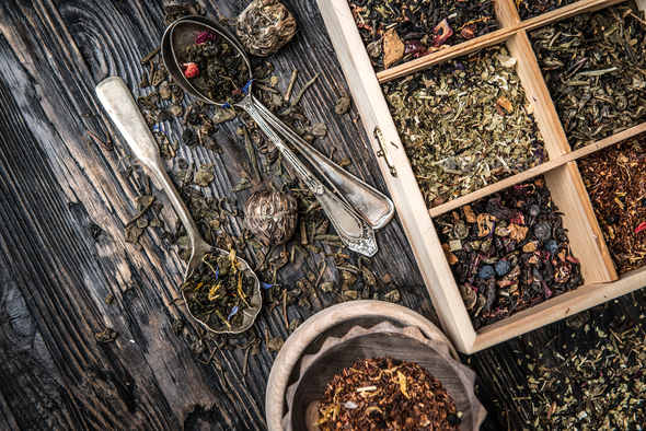 variety of teas, mixes in copper dish, topview Stock Photo by tan4ikk