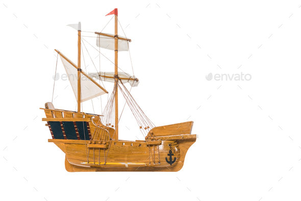 vintage ship model floating in air isolated on white with copy space ...