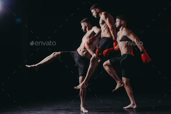 multiple exposure of strong shirtless muscular boxer in boxing gloves ...