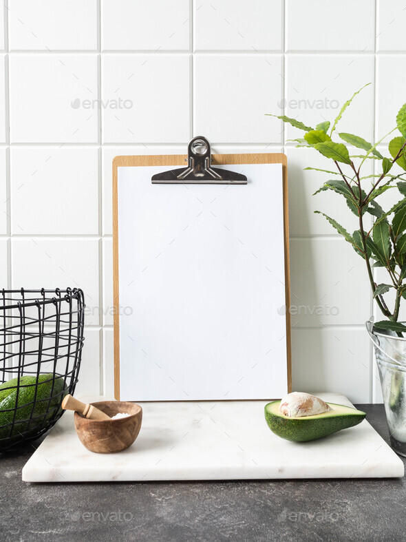 Kitchen background with clipboard with blank sheet for text Stock Photo ...