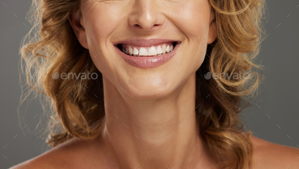Woman, teeth and smile in zoom of face with happiness for cosmetics ...